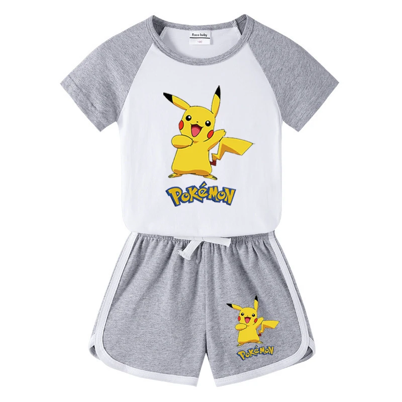 Camiseta de algodón de Pikachu para niñas y pantalones cortos, conjunto ...