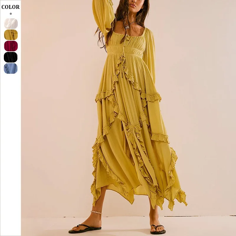 Summer Boho Vintage Beach Dress Long Sleeve High Waist Long Dresses ...