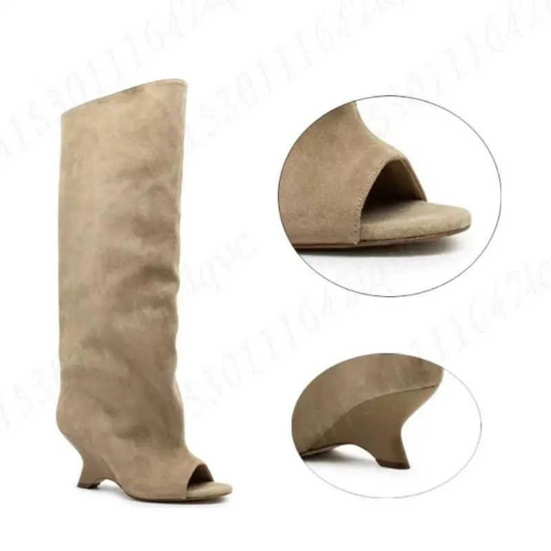Modern Women's Boot Hollow Out European Faux Suede Peep Toe Knee-High ...