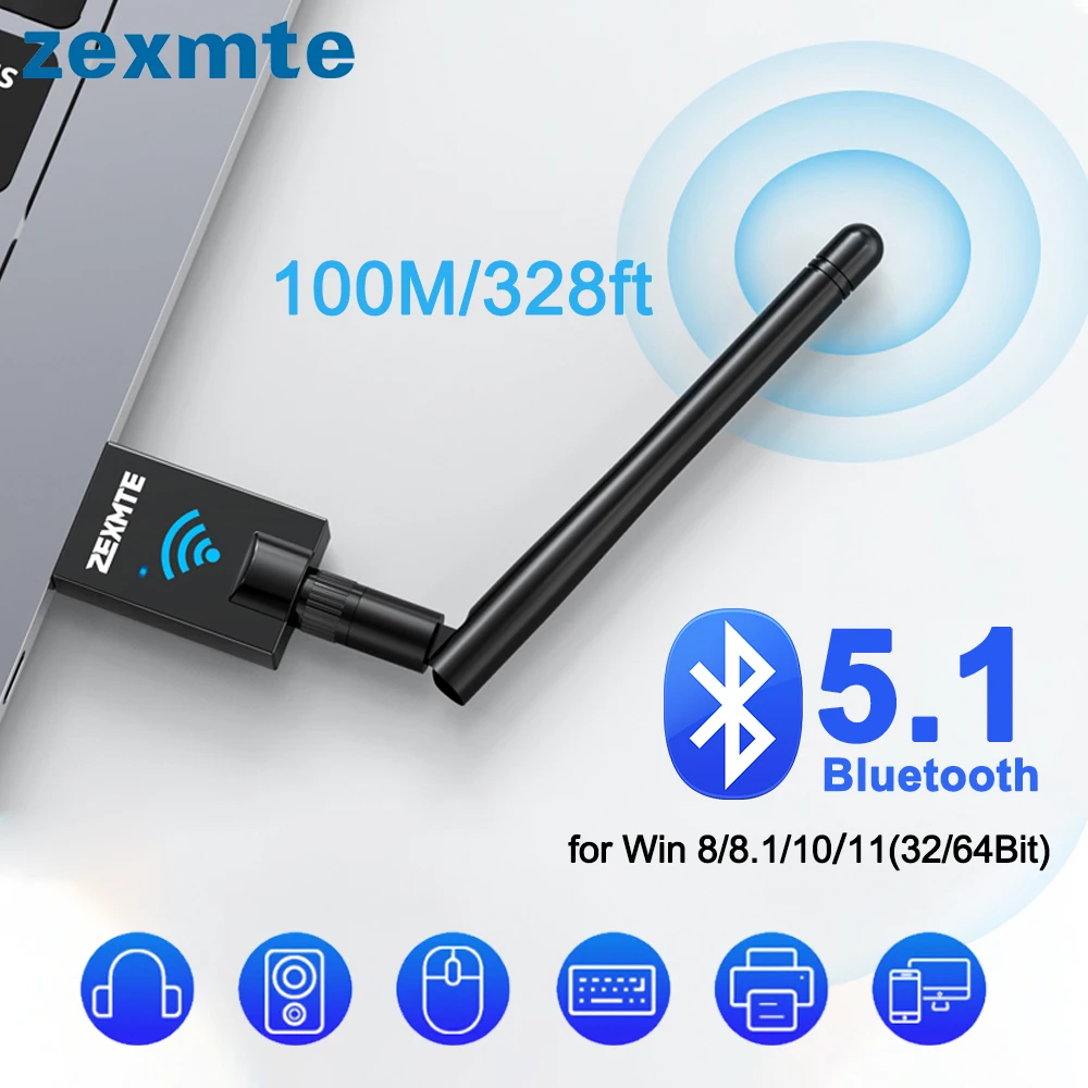 Zexmte 100M Bluetooth 5.1 Adapter for Windows 11/10/8 USB Bluetooth 5.0 ...