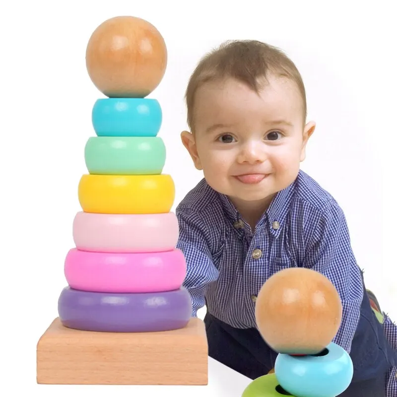 Children-Rainbow-Tower-Ferrule-Wooden-Toy-Stacking-Circle-Baby-Early ...