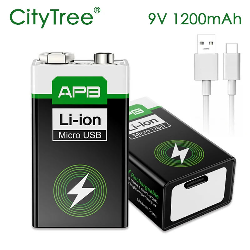 CityTree 9V 1200mAh USB 9 Volt Rechargeable Battery Type-C 6F22 9V Li ...