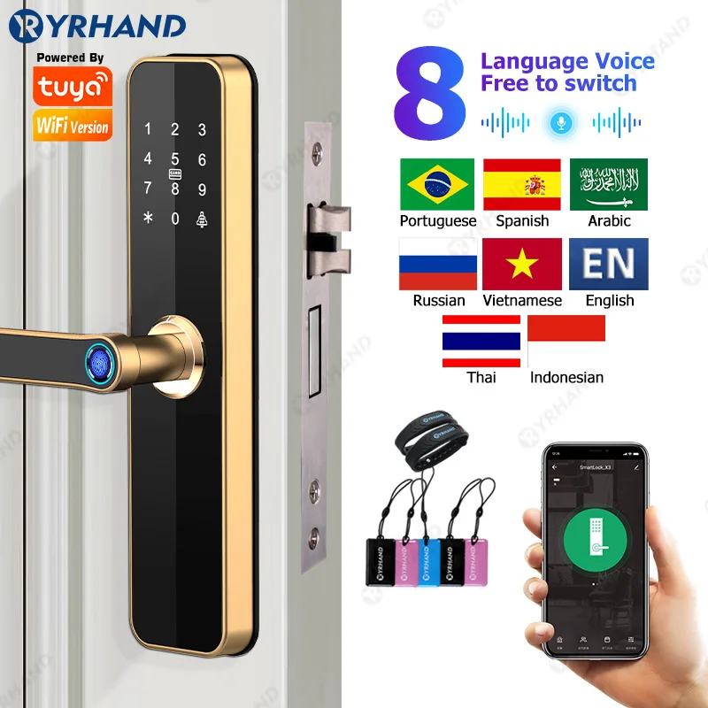 YRHAND-Gold-Biometric-Intelligent-Door-Lock-TUYA-WIFI-Remote-Unlock-Fingerprint-Card-Password ...