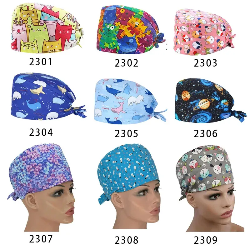 Medical-Surgical-Hat-Adjustable-Cotton-Cute-Cat-Cartoon-Print-Scrub ...