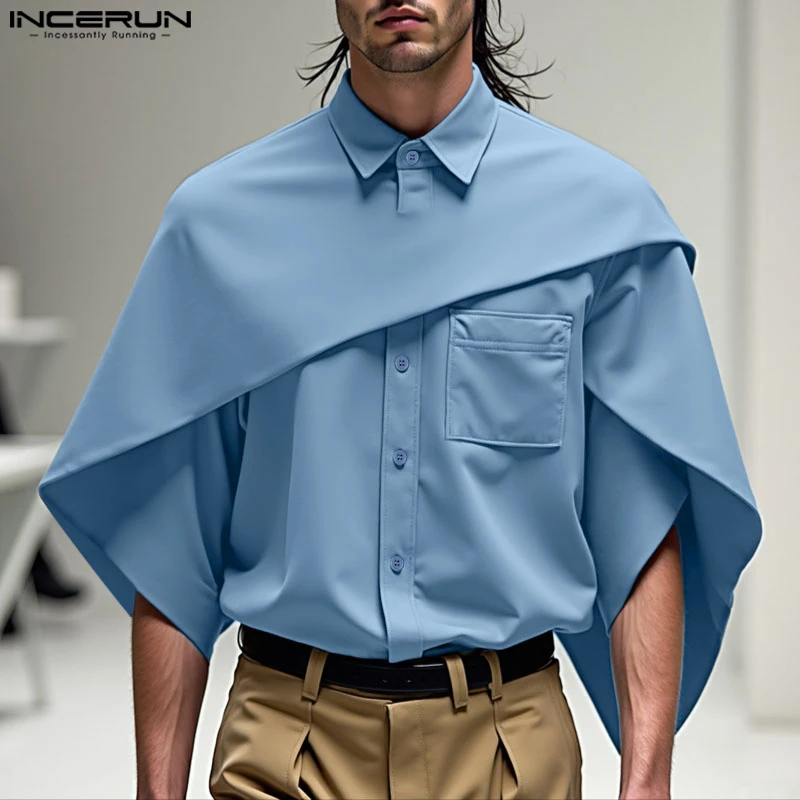 INCERUN Men Irregular Shirt Solid Color Lapel Short Sleeve Cape Shirts ...