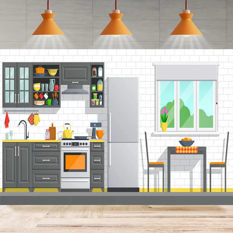 Modern-Kitchen-Photography-Backdrop-White-Brick-Wall-Dining-Table-Cook ...