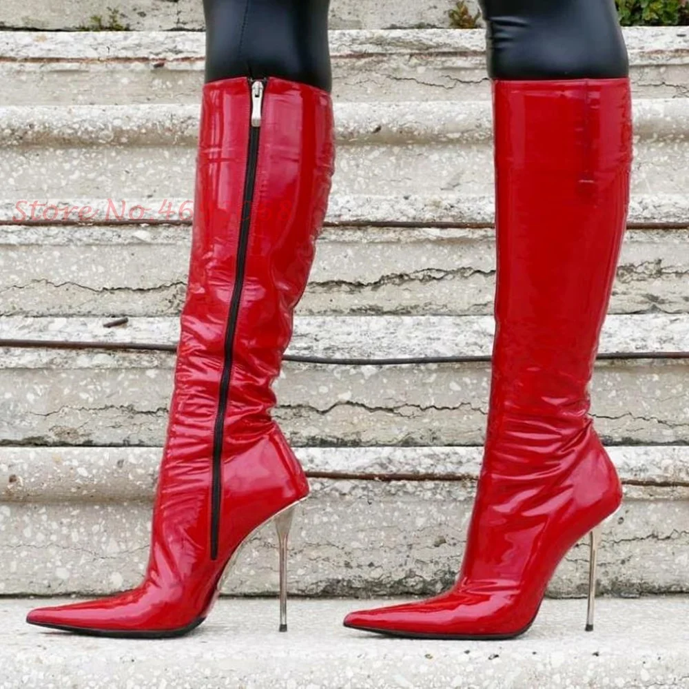 Pointy Red Patent Knee High Boots Women Needle Heels Stretch Leather ...