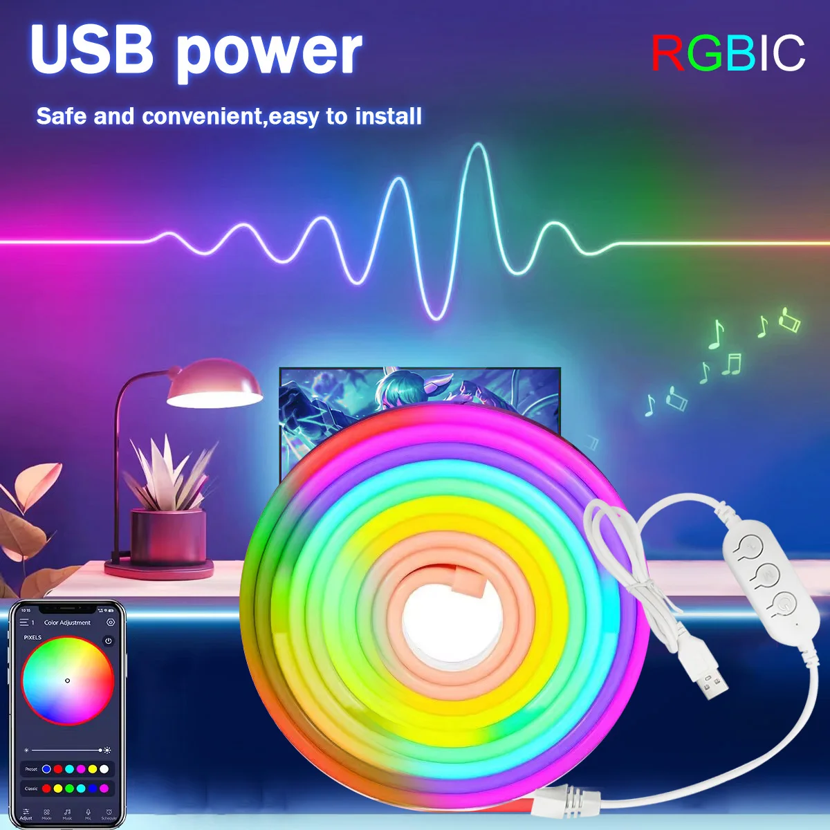 Bluetooth-Neon-LED-Strip-Lights-5V-Waterproof-RGBIC-Neon-Rope-Lights ...