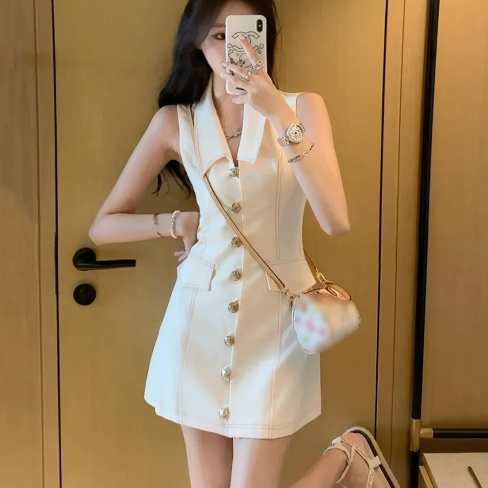 COCOA Summer Elegant Dress Sweet Bodycon Lapel White Button Dress Lady ...