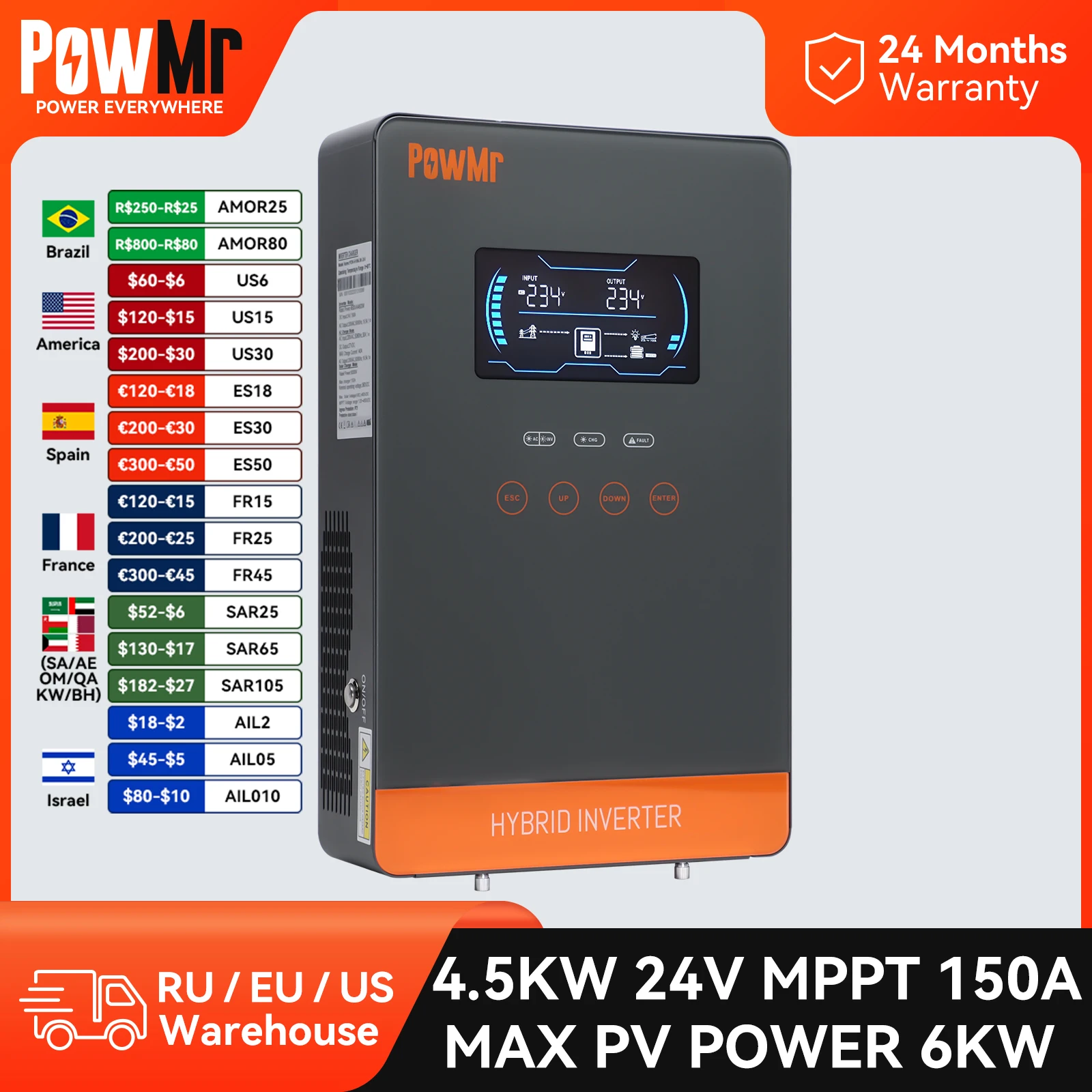 Powmr 24v Solar Inverter Mppt Hybrid Inverter 4.5kw 150a 3kw 80a ...