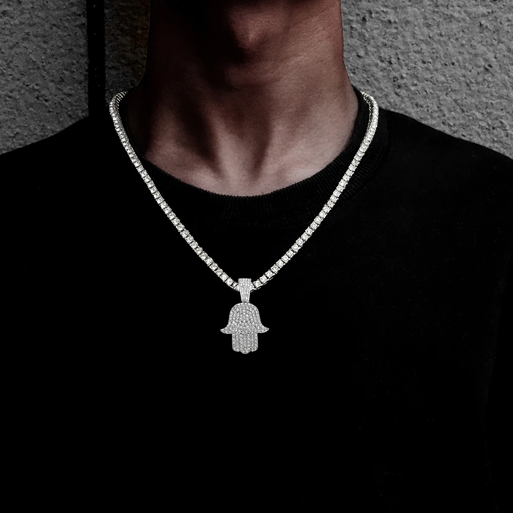 Iced-Out-Hamsa-Hand-Rhinestone-Pendant-Necklace-With-4mm-Tennis-Chain ...
