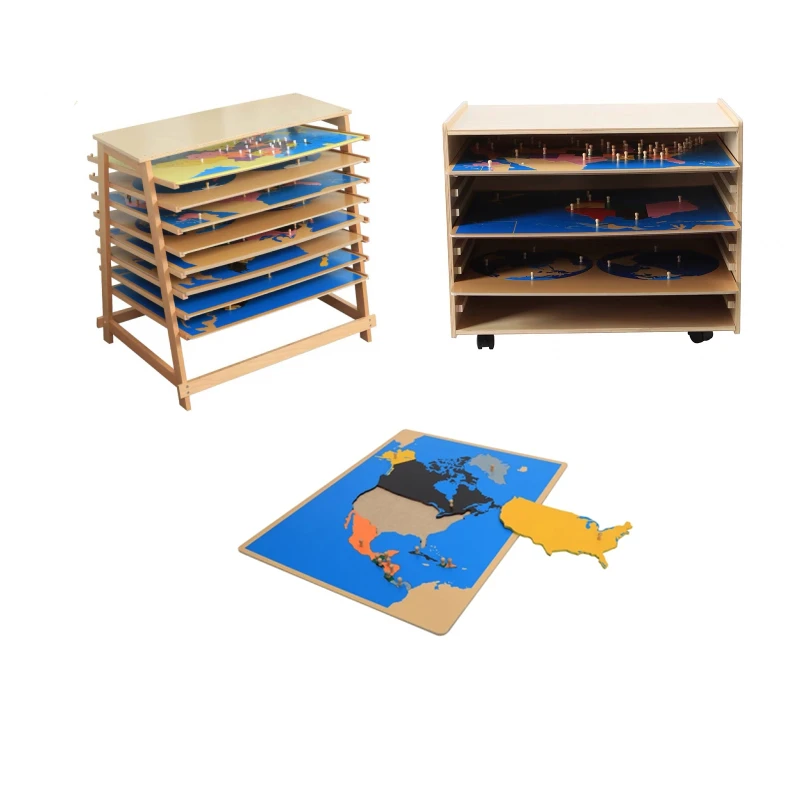 Montessori-Maps-Puzzles-W-Cabinet-or-Stand-Wood-Geography-Materials ...