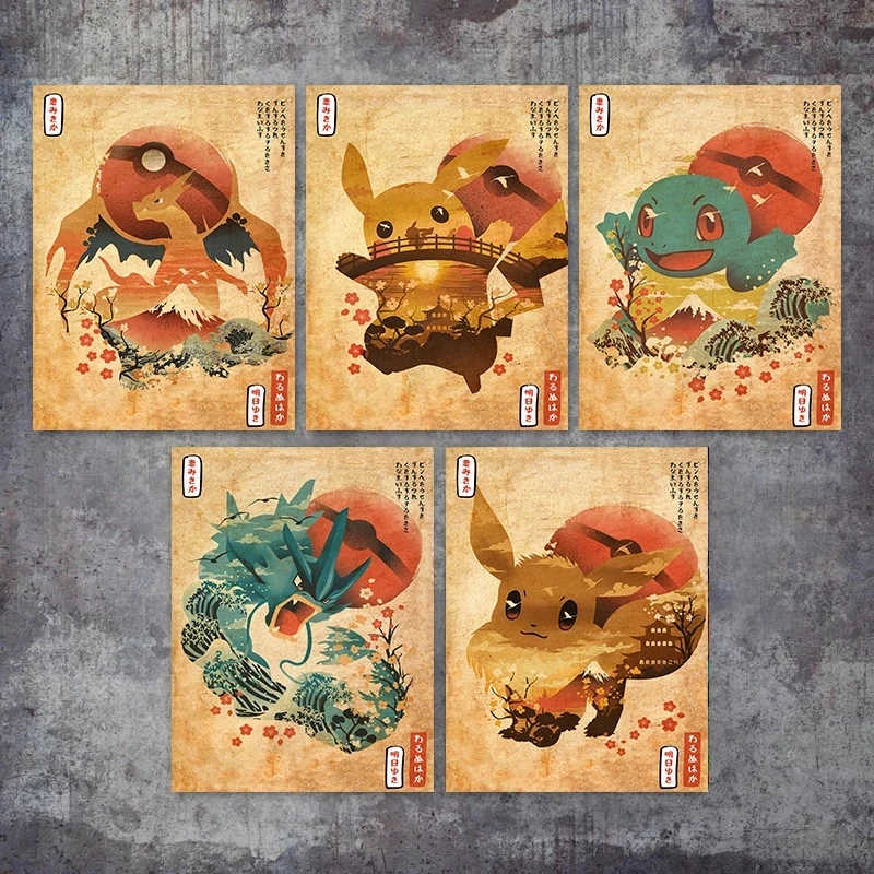 Retro Pokemon Canvas Painting Pikachu Gyarados Charmander Squirtle Poster and Prints Wall Decor ...