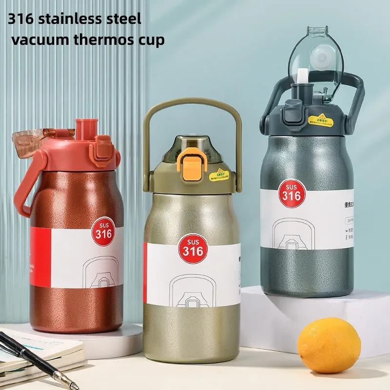0.8-1.3L 316 Stainless Steel Water Bottle With Straw Large Capacity Vacuum Thermos Cup Vacuum ...