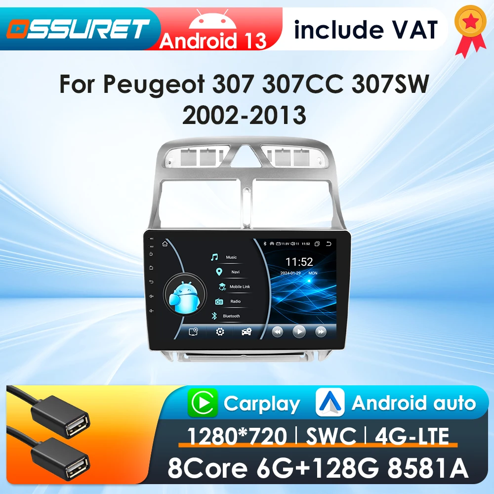 Wireless CarPlay Android Auto Car Radio For Peugeot 307 307CC 307SW ...