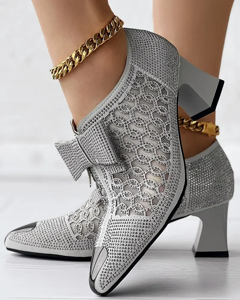 Heels Women's Hollow Mesh Shoes Summer Fashion Rhinestone Square Heel ...