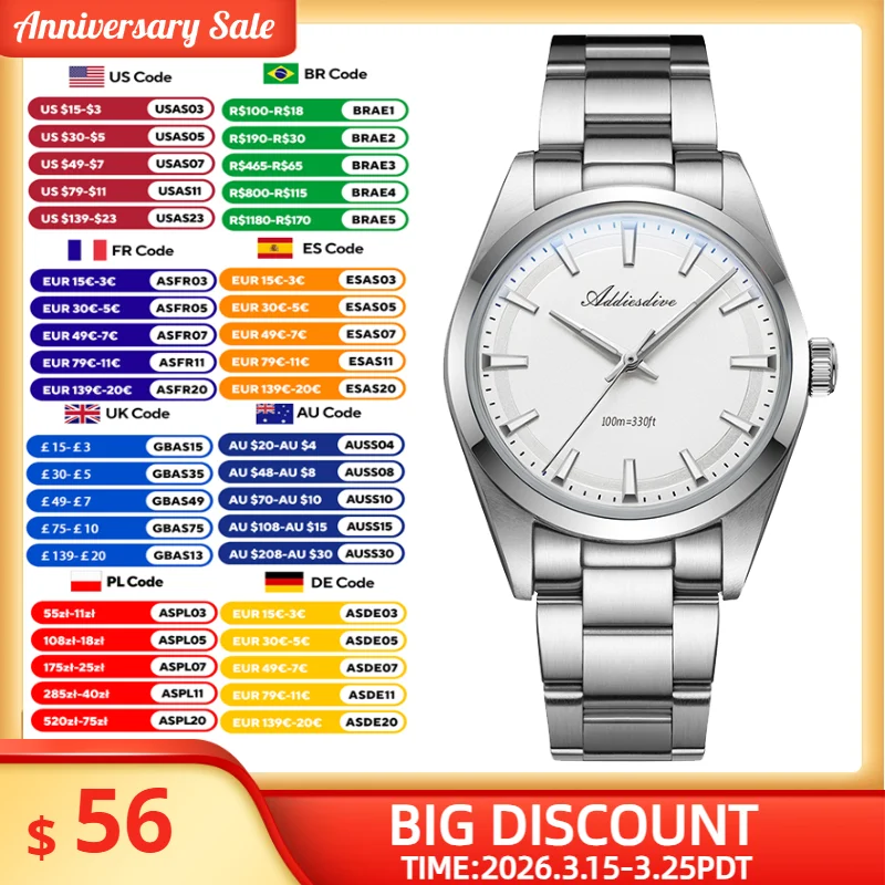 ADDIESDIVE Men's Quartz Watch 36mm Waterproof 10Bar Super Luminous ...