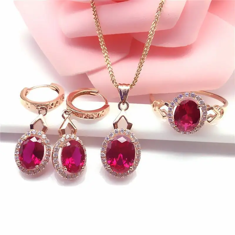 Russian Purple Gold Color Redstone Earrings Pendant Ring Set Women's ...