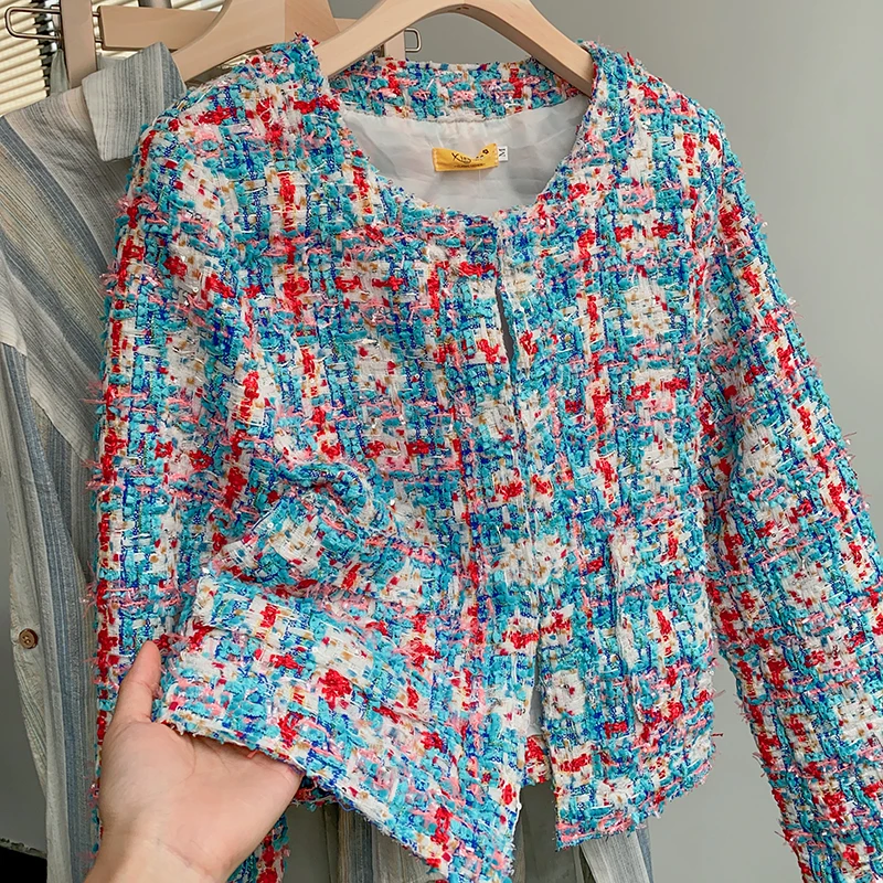 Women-s-Woven-Coarse-Patterned-Plaid-Long-Sleeved-Short-Jacket-High ...