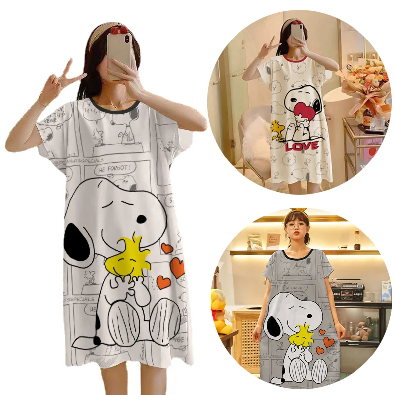 Snoopy Camisón holgado de gran tamaño para mujer, vestido de dormir con cuello redondo, ropa de ...
