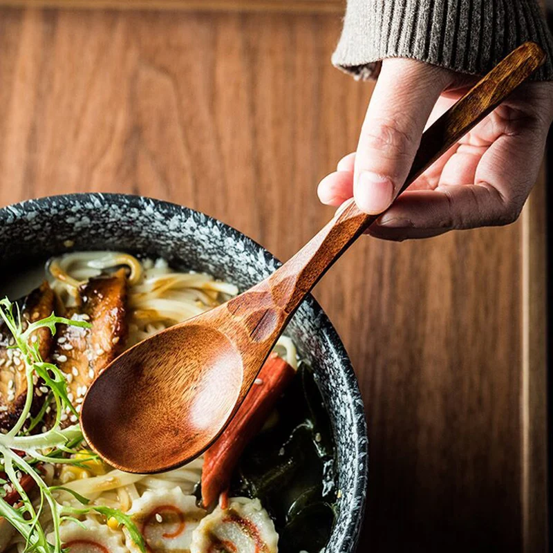 2Pcs Soup Spoon Set Large Wooden Spoon Long Handle Dinner Rice Cereal ...