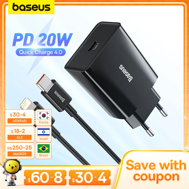 Baseus 20W Quick Charge QC 3.0 PD USB Type C Fast Charging Charger for ...