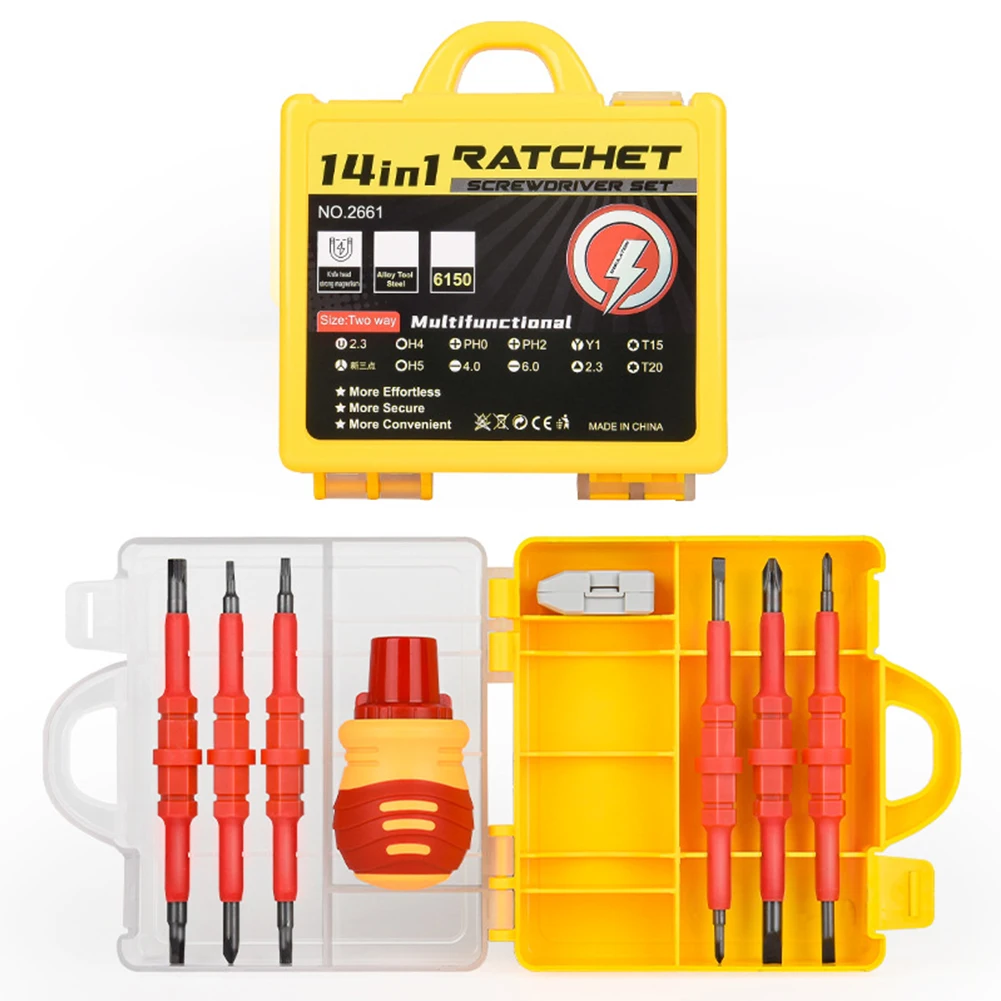 14pcs-set-Insulated-Ratchet-Screwdriver-Set-Slotted-Cross-Screw-Driver ...