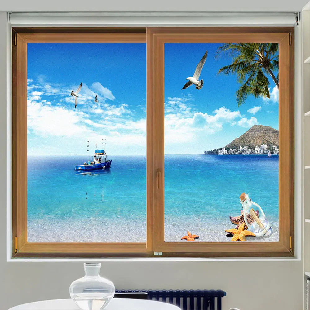 Privacy-Windows-Film-Blue-Sea-Decorative-Window-Stickers-No-Glue-Static ...
