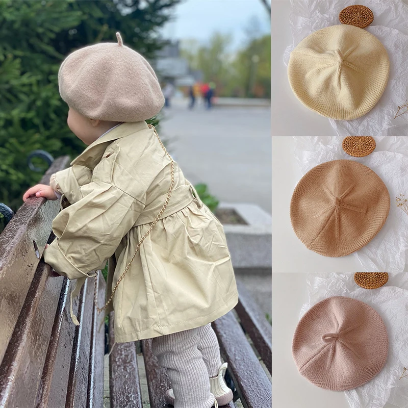 Fashion Knitted Baby Beret Hat for Girls Solid Color Toddler Beret ...