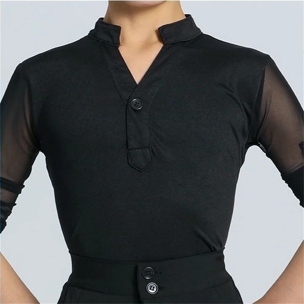 Mesh sleeve boys' Latin dance top Black short sleeved children's modern ...