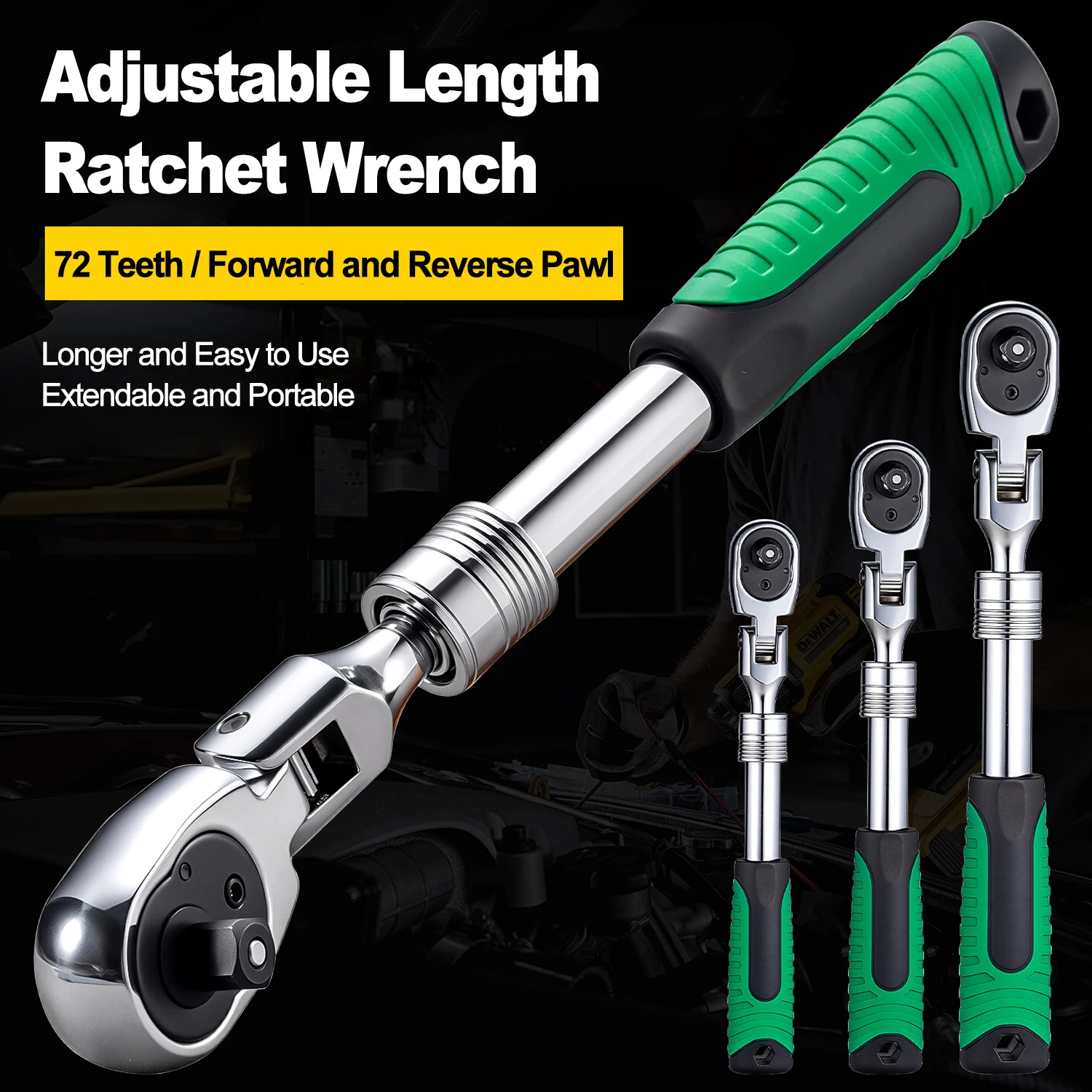 Llave de trinquete de extensión ajustable, 72 dientes, 1/4 ", 3/8", 1/2 ...