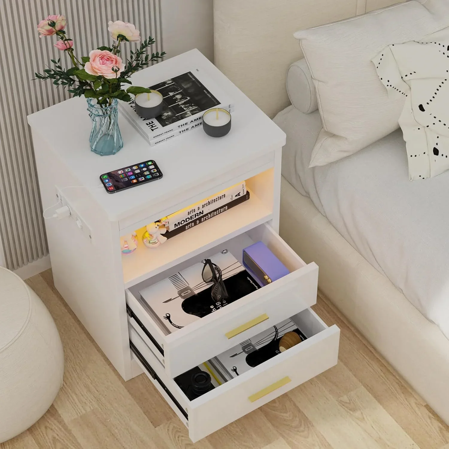 Wooden Double-Drawer Nightstand With Charging Station 2AC/2USB/0.4m LED ...