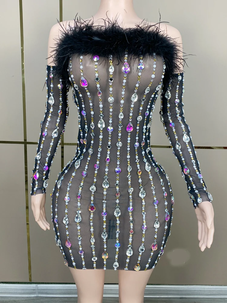 Shining-Colorful-Rhinestone-Sexy-Black-See-Through-Mesh-Women-Dress ...