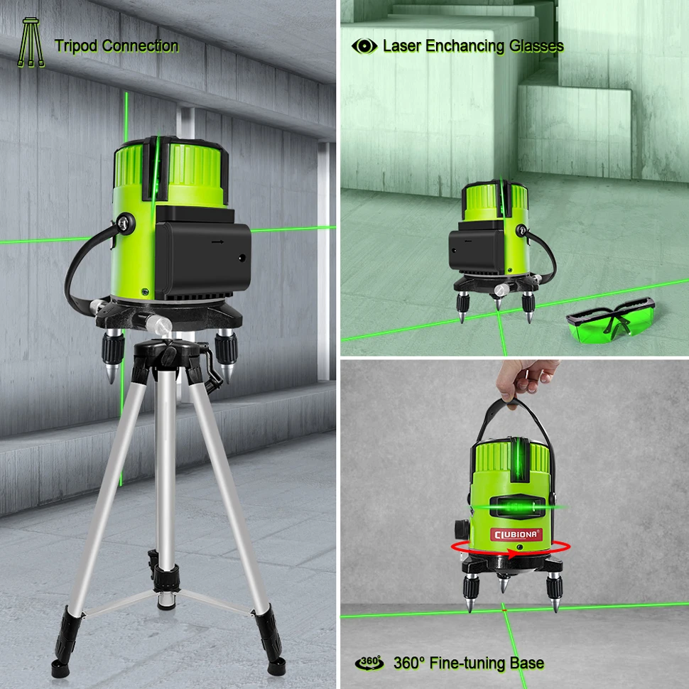 CLUBIONA Green 5 line 6 points Horizontal and Vertical Laser Lines Separately and Outdoor Mode Receiver Auto Line Laser Leve
