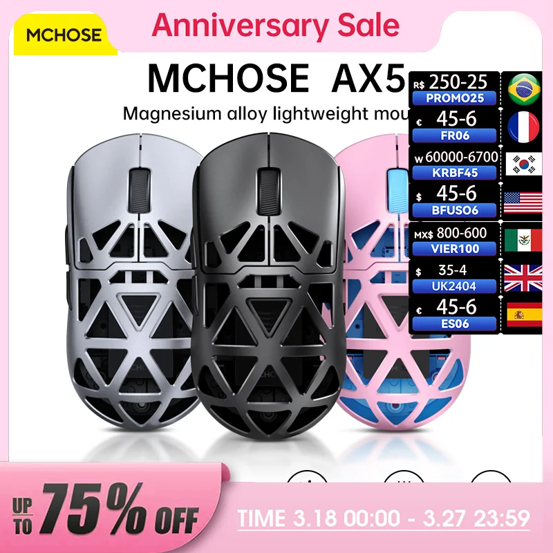 Mchose AX5 Magnesium alloy Wireless Mouse Paw3395 Sensor Nordic 52840 8K Chip three-mode Fps ...
