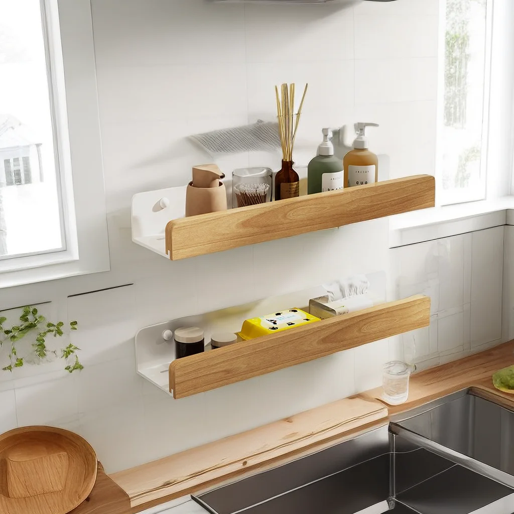 Wooden-Kitchen-Shelves-Kitchen-Spice-Rack-Wall-Mounted-Punch-Free-Wall ...