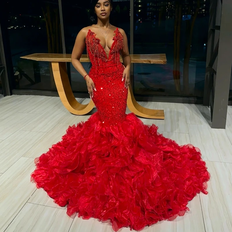 Luxury Red Crystal Beading Tassels Prom Dress Black Girls Baddie ...