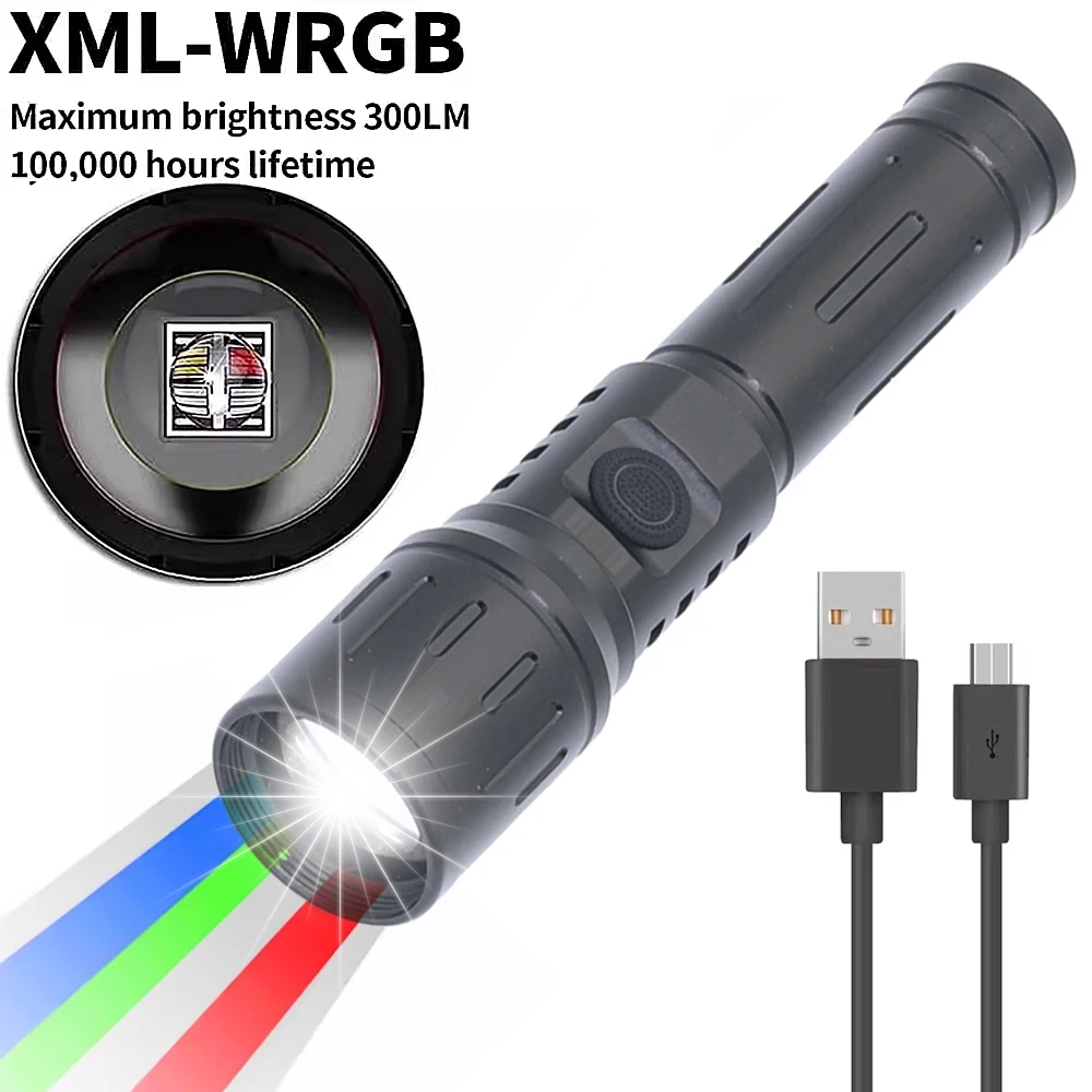 Zoom 4-Colour light White/Red/Green/Blue LED Flashlight USB ...