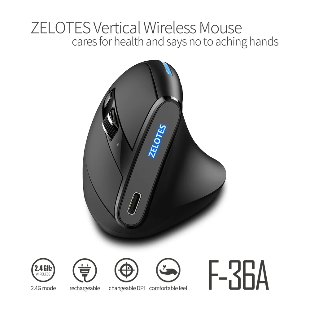 ZELOTES ratón Vertical ergonómico F 36A, recargable, 6 botones, óptico ...