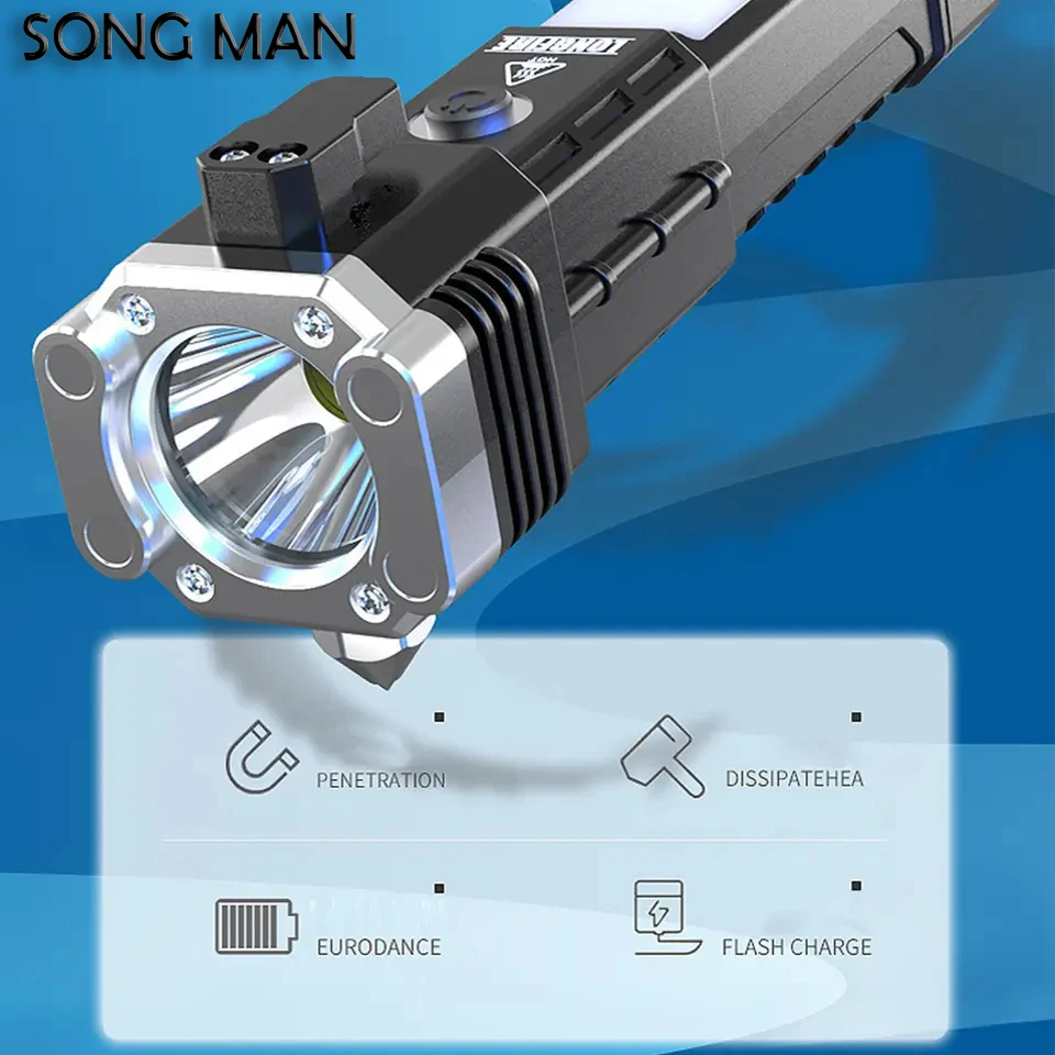 Usb Portable Torch Hiking Rechargeable Flashlights With Safety Hammer ...