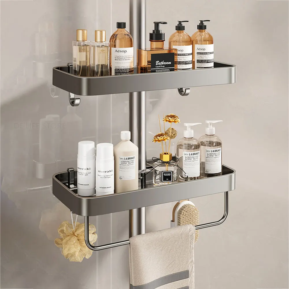 1-2PCS-Shower-Rack-Punch-Free-Bathroom-Tray-With-Towel-Bar-Hooks ...