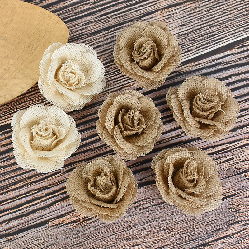 Flores rosas de arpillera de yute hechas a mano, decoración rústica ...