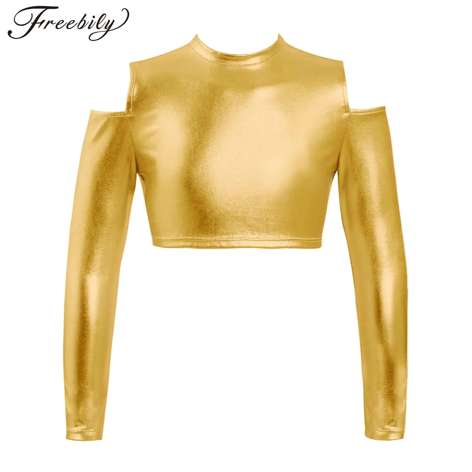 Kids-Girls-Glossy-Metallic-Crop-Top-Long-Sleeves-Off-Shoulder-Round ...
