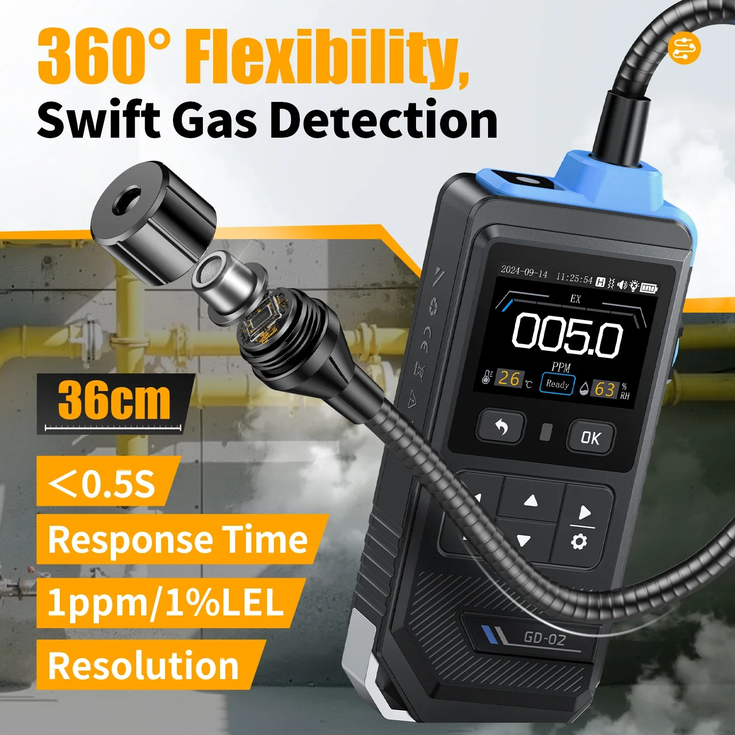 FNIRSI GD-02 Portable Gas Leak Detector 50000PPM Sound & Light Alarm ...