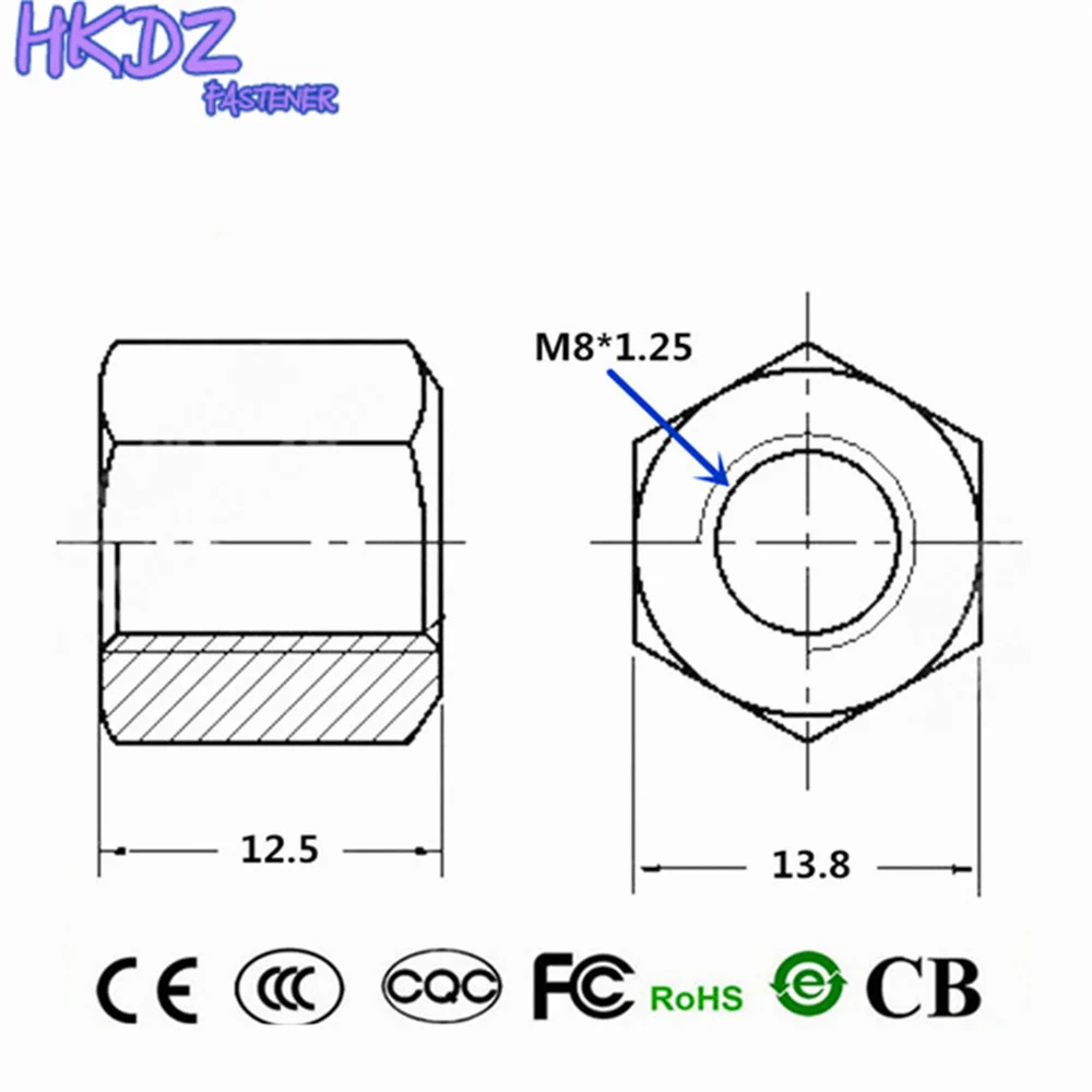 ECROU,M8-1.25x13.8x12.5-10pcs--M8 écrou Hexagonal galvanisé allongé, vis de jonction épaissie ...