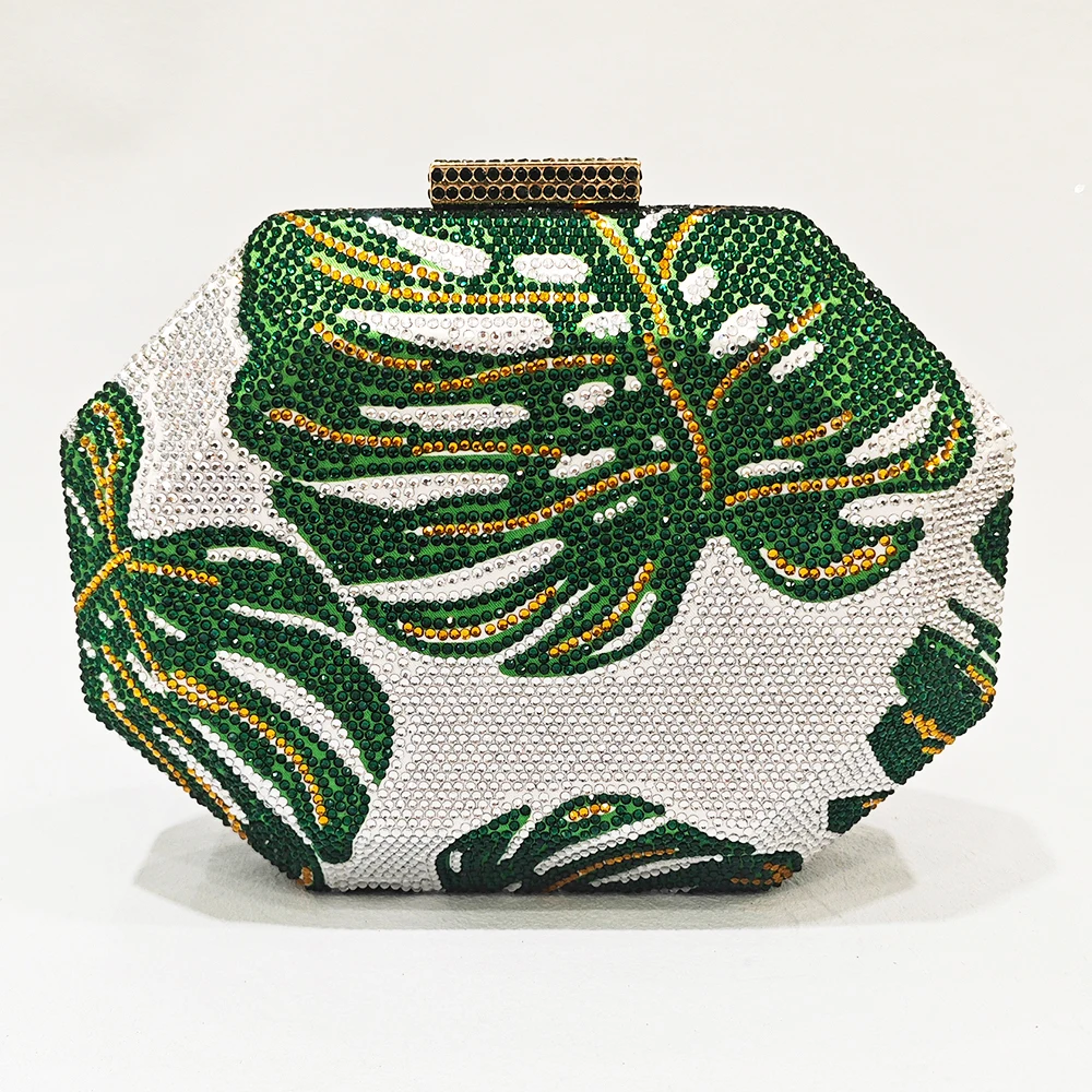 White Green Leaf Diamond Evening Bag ForCrystal Gold Wedding Prom ...