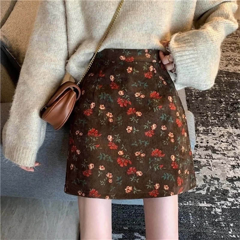 2023-New-Spring-Autumn-Vintage-Floral-Print-Skirts-Women-High-Waist-A-Line-Corduroy-Skirts ...