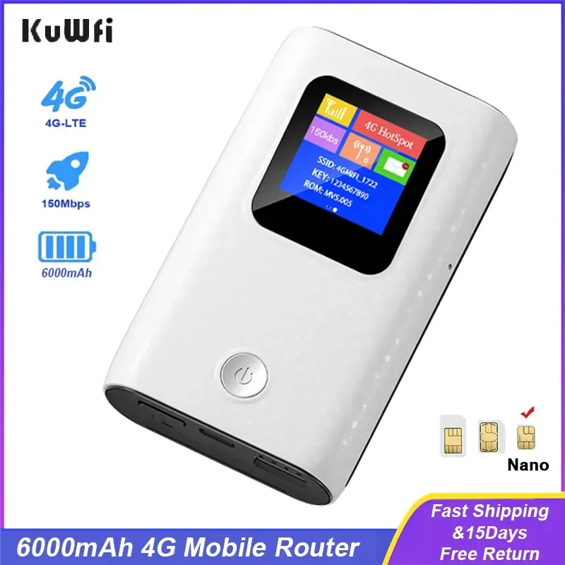 KuWfi 잠금 해제 4G LTE 라우터 Korea, 야외 Wifi 핫스팟, 6000mah 모바일 라우터, 무선 와이파이, 휴대용 모뎀, SIM 카드 슬롯, 미니 라우터 ...