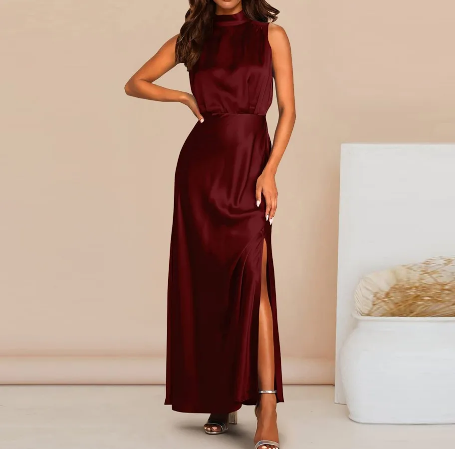 Robe,robe de soirée légère en satin pour femmes,haut de gamme,sans manches,col montant,célébrité ...