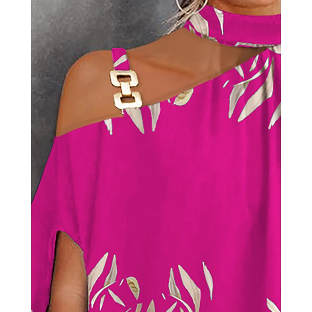 Women Print Chain Strap Half Sleeve Fashion Batwing Sleeve Blouse